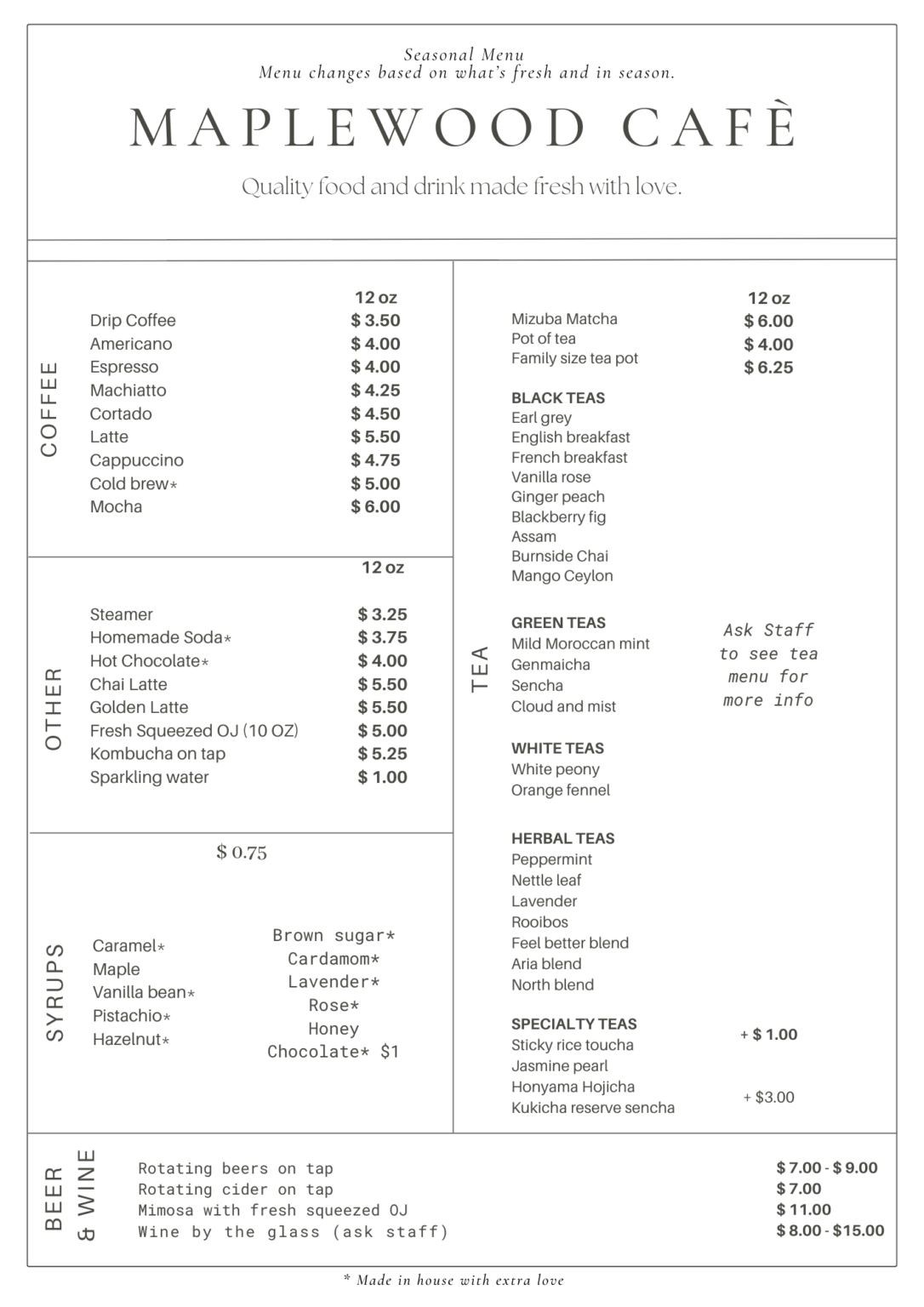 Menu - Maplewood Coffee and Tea